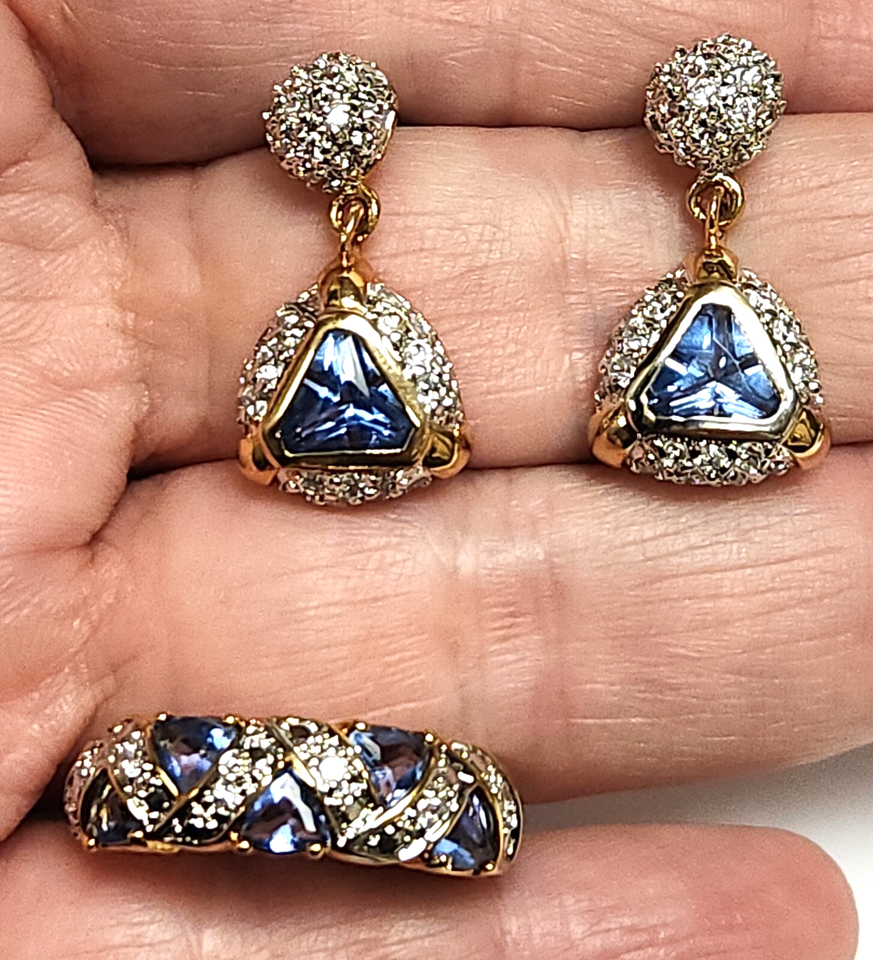 Trillion Cut Simulated Tanzanite White Zircon Gold Plated Earrings ...