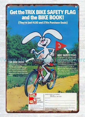 1950s trix cereal breakfast bike safety flag metal tin sign decorating ...