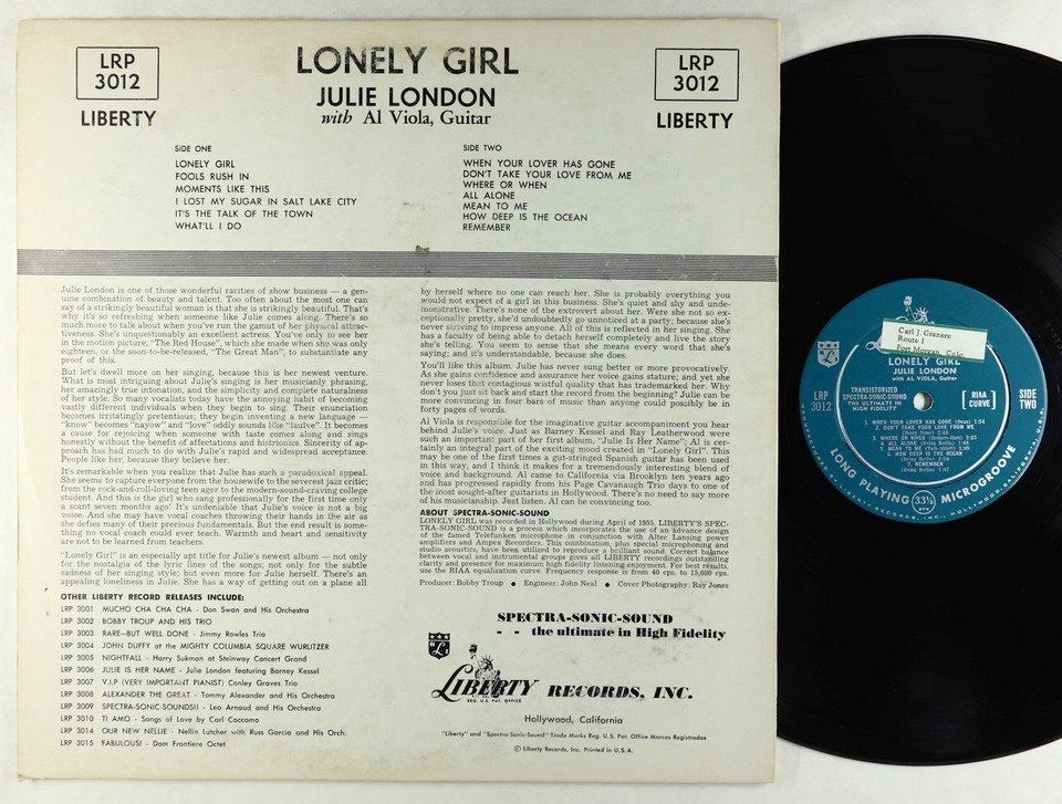 Julie London - Lonely Girl LP - Liberty - LRP 3012 Turquoise Label Mono ...
