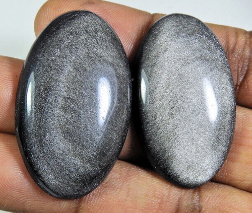 2 pcs argent naturel éclat obsidienne ovale pierres précieuses en vrac ...