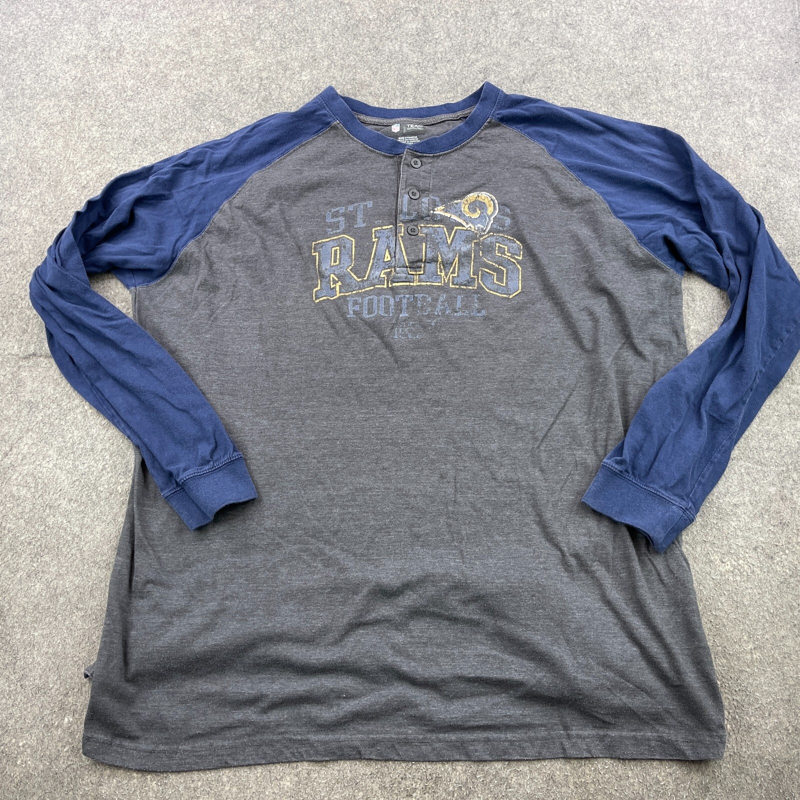 St. Louis Rams Shirt Men 2XL Gray Blue Spell Out Henley Long Sleeve NFL ...