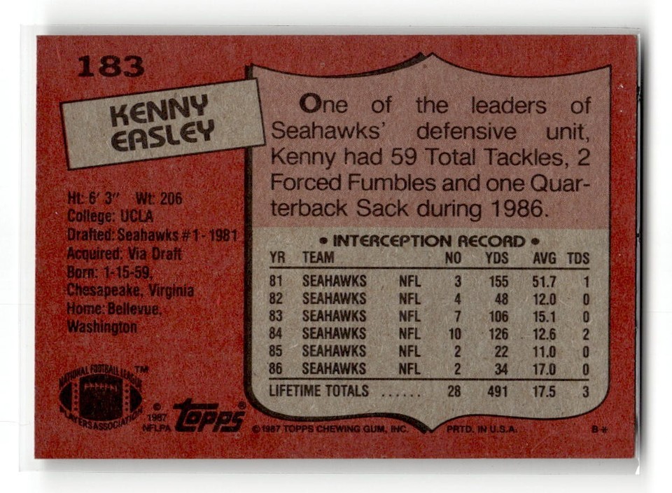 1987 Topps Football #183 Kenny Easley Seattle Seahawks Safety | eBay