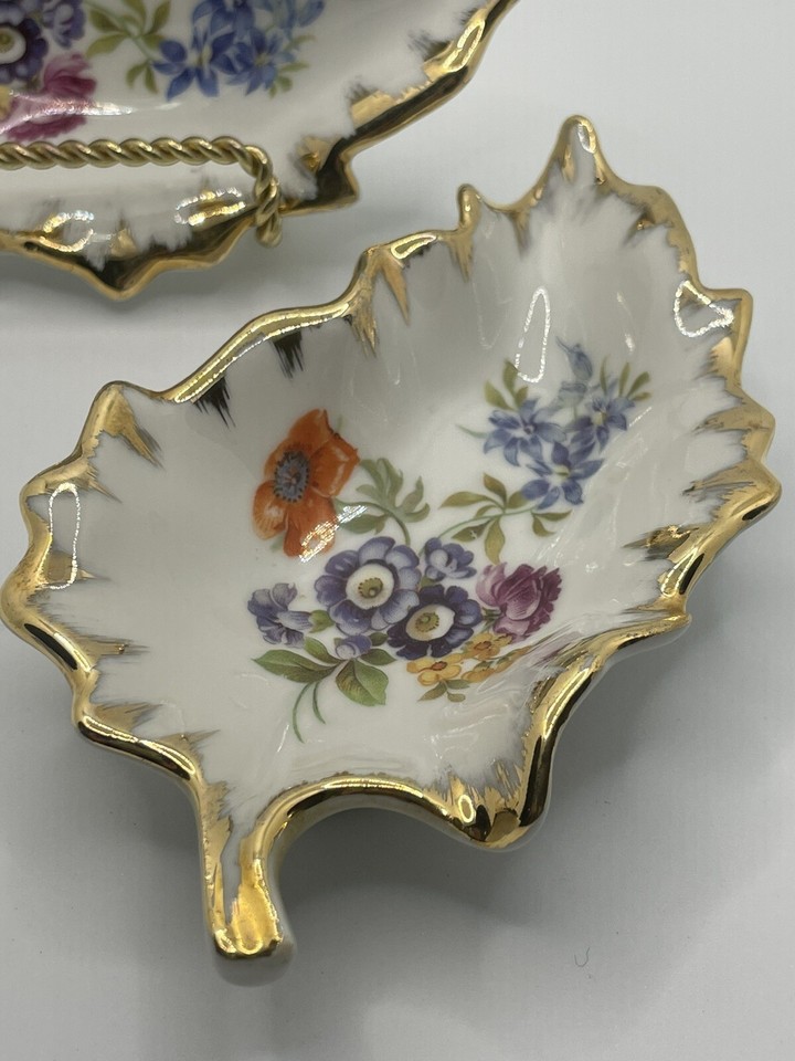 Limoges Leaf Trinket Dish. Pink/Blue Flowers. Gold Rimmed X2 | eBay