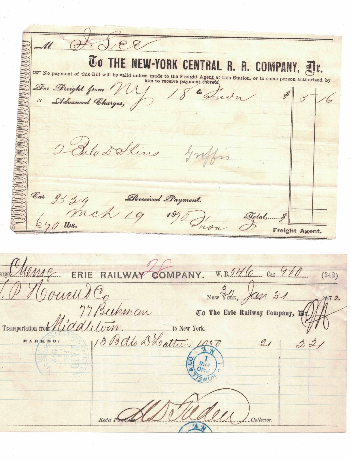 Lot 7 Railroad Freight Receipts-1872-1909 Erie Railway*Boston & Maine ...
