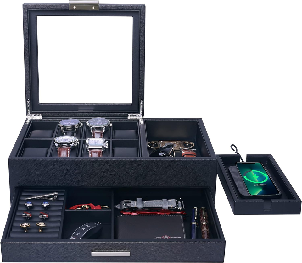 Lifomenz Co Mens Jewelry Box Valet Tray with Drawer and Charging Black ...