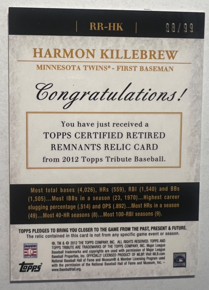 2012 Topps Tribute Retired Remnants Relics #HK Harmon Killebrew #'d 98/ ...
