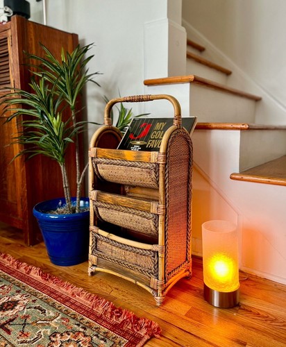 Vintage Midcentury Bamboo Rattan Three Tiered Storage Rack MCM Record ...
