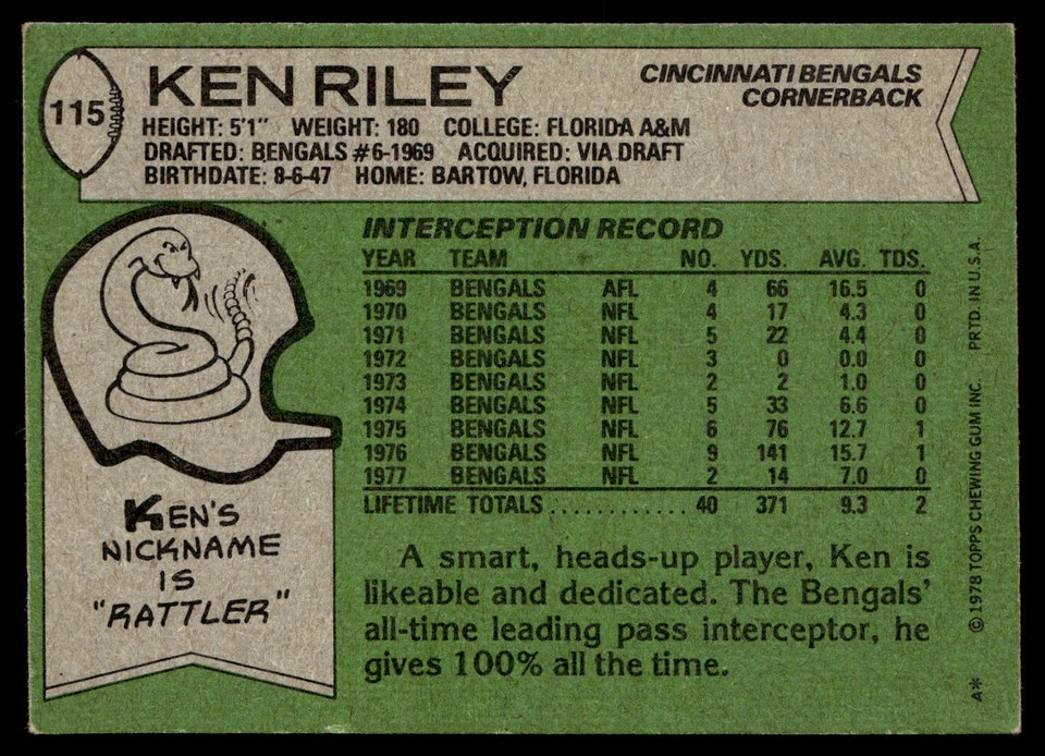 1978 Topps Set Break Ken Riley #115 Cincinnati Bengals | eBay