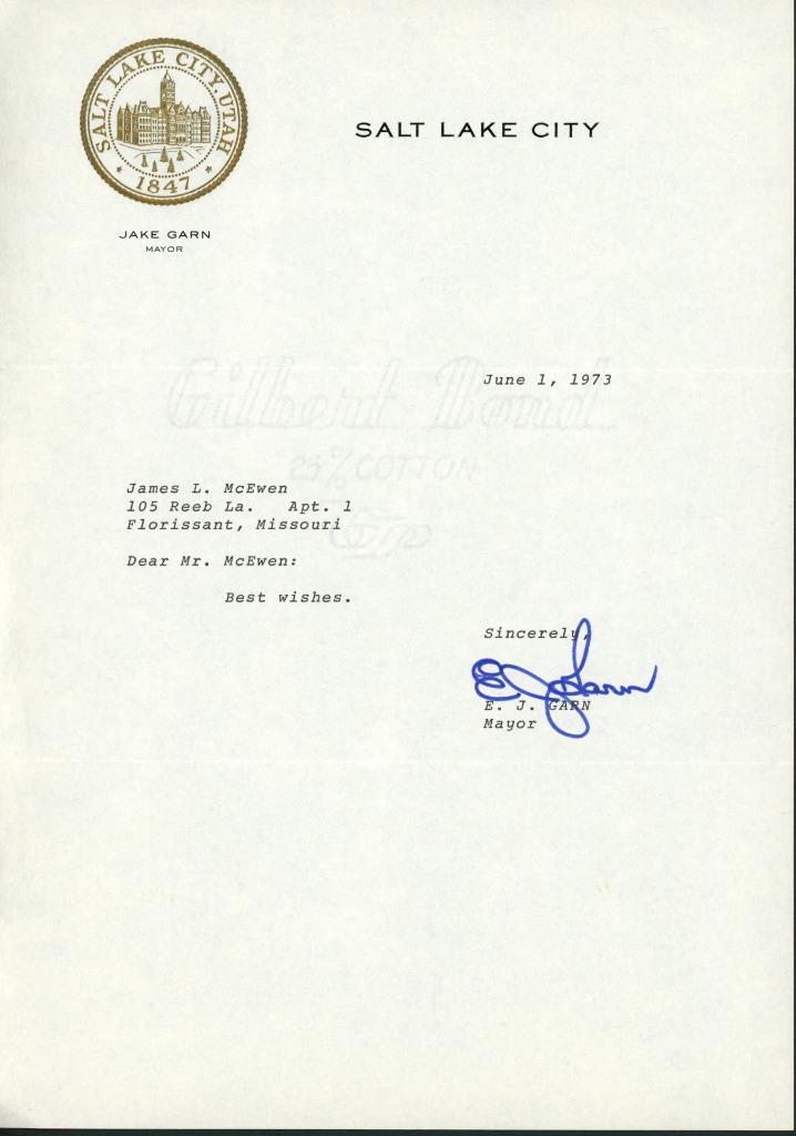 JAKE GARN signed 1973 letter | NASA Astronaut & Utah Senator ...