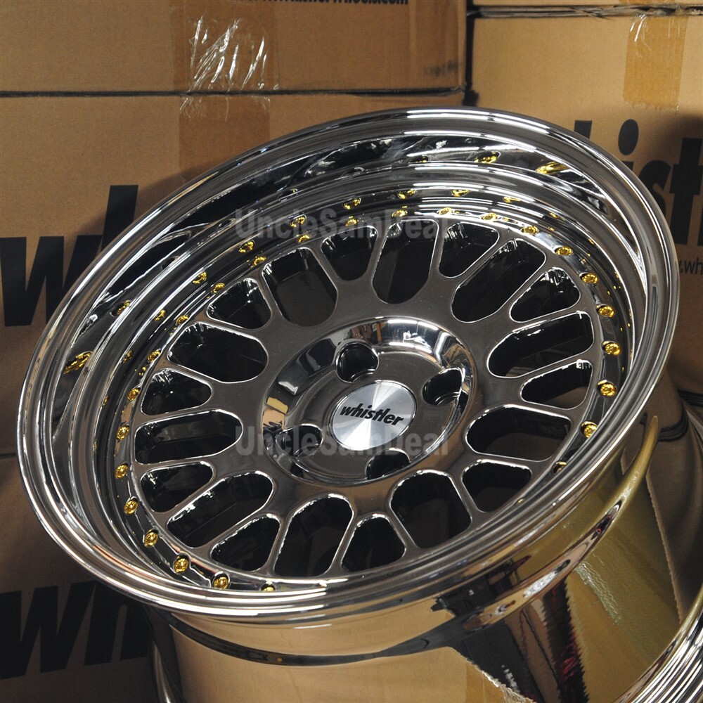 16x9 4x100 15 OFFSET WHISTLER SK1 PVD CHROME w/ GOLD RIVET MESH SPOKES ...