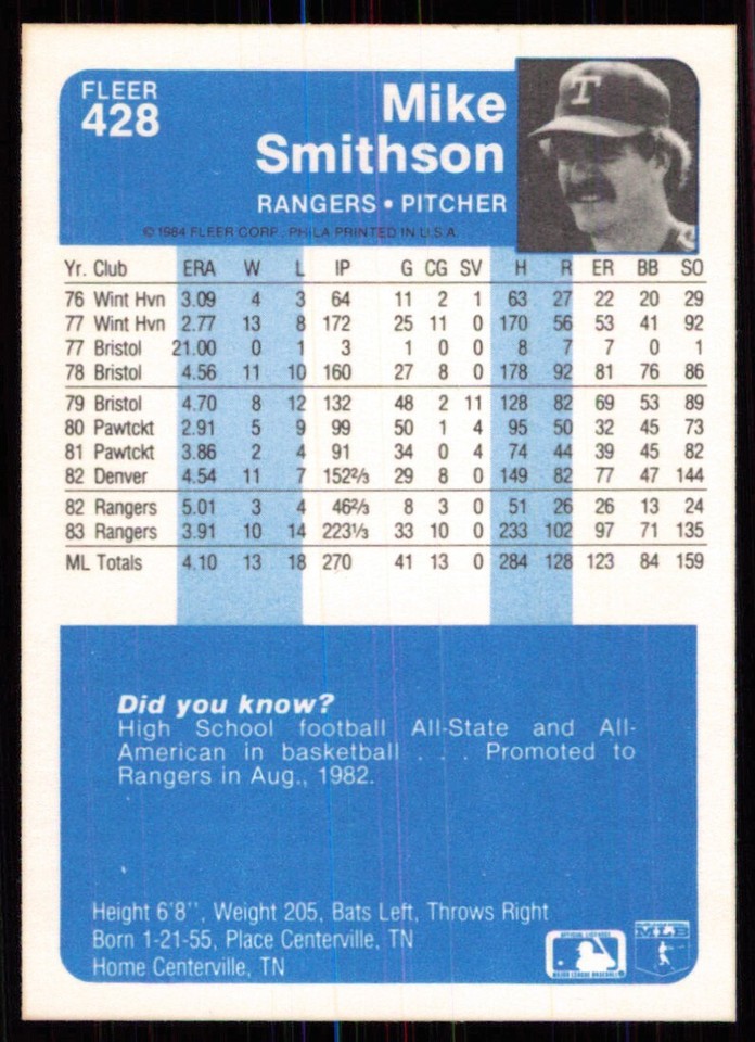 1984 Fleer Mike Smithson Rookie Texas Rangers #428 | eBay