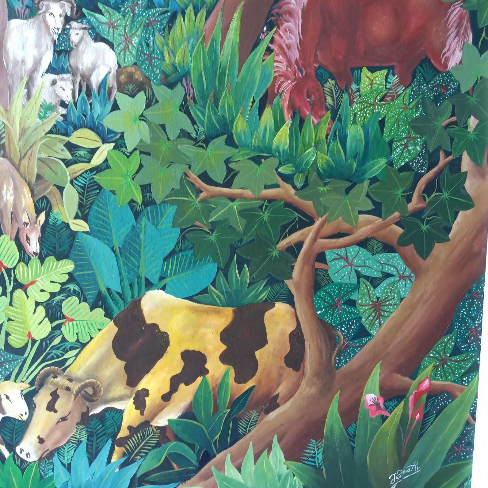 ORIGINAL HAITIAN ART PAINTING BY JACQUES GESLIN "FOREST HORSES DEERS ...