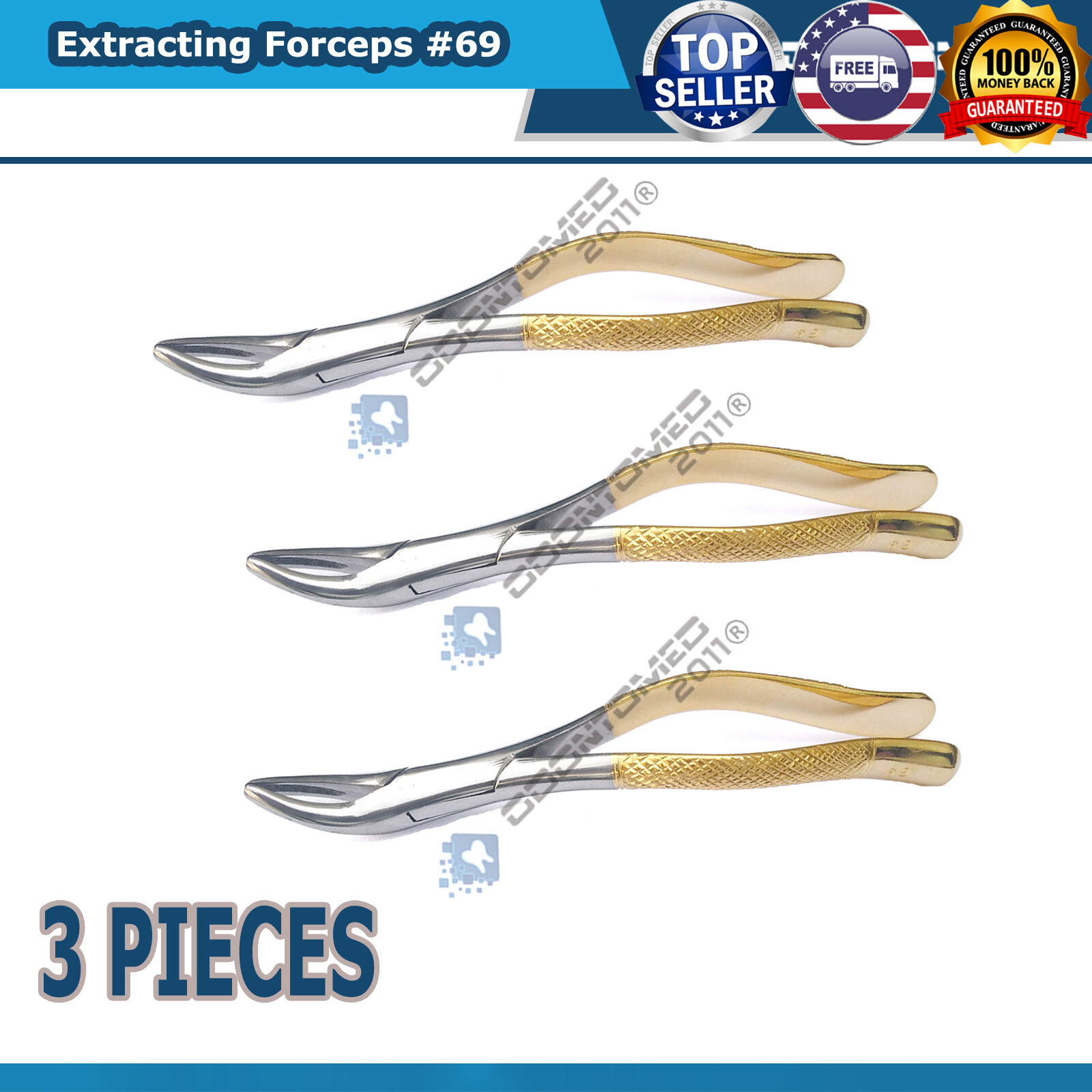 3 PCS Extracting Forceps #69 Gold Handle Surgical Dental Instruments ...