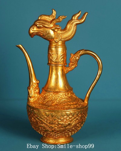 9" Qianlong Bronze Gilt Fengshui Dragon Beast Phoenix Bird Wine Pot ...