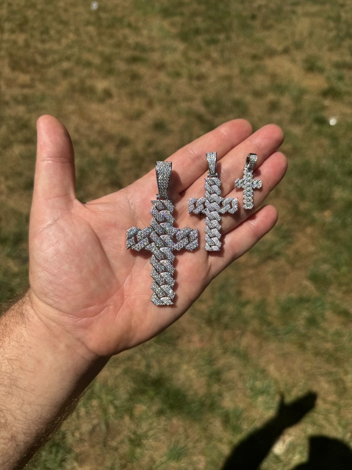 MOISSANITE Prong Miami Cuban Link Cross Pendant - 925 Silver Necklace 3 ...