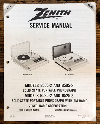 Zenith B505-2 B505-3 B525-2 B525-3 Phonograph Service Manual *Original ...