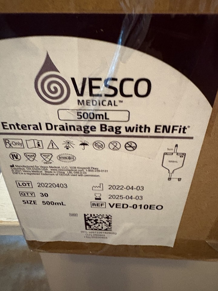 Vesco Medical 500mL Enteral Drainage Bag w/ ENFit & 5cm tubing VED ...