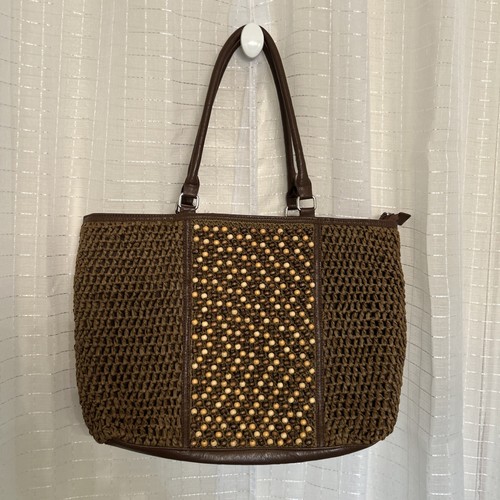 Vintage Straw Studios Woven + Wooden Beaded Purse Handbag Hobo Brown ...