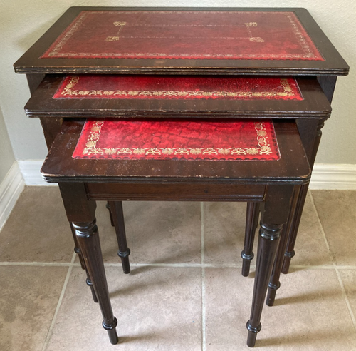 Set of Three Small Vintage Solid Wood Red Leather Embossed Nesting Side ...