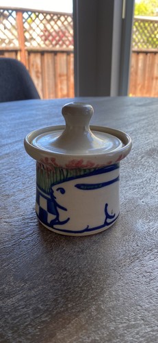 Debbie Dean Stoneware Bunny Dish With Lid Folk Art | eBay