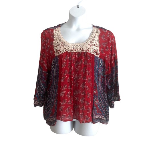Bila Womens Blouse Size XXL Floral Boho Crochet Neckline Chiffon 3/4 ...