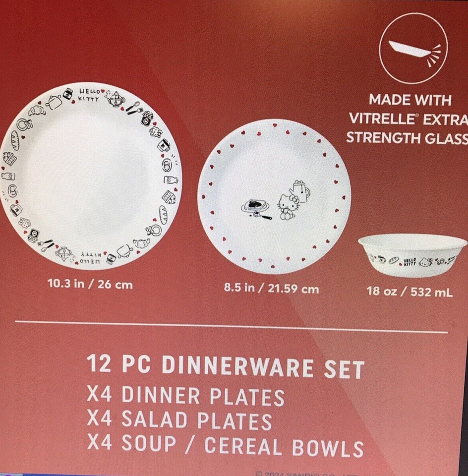 FREE SHIP Corelle Hello Kitty 12-piece Dinnerware Set Service for 4 New ...