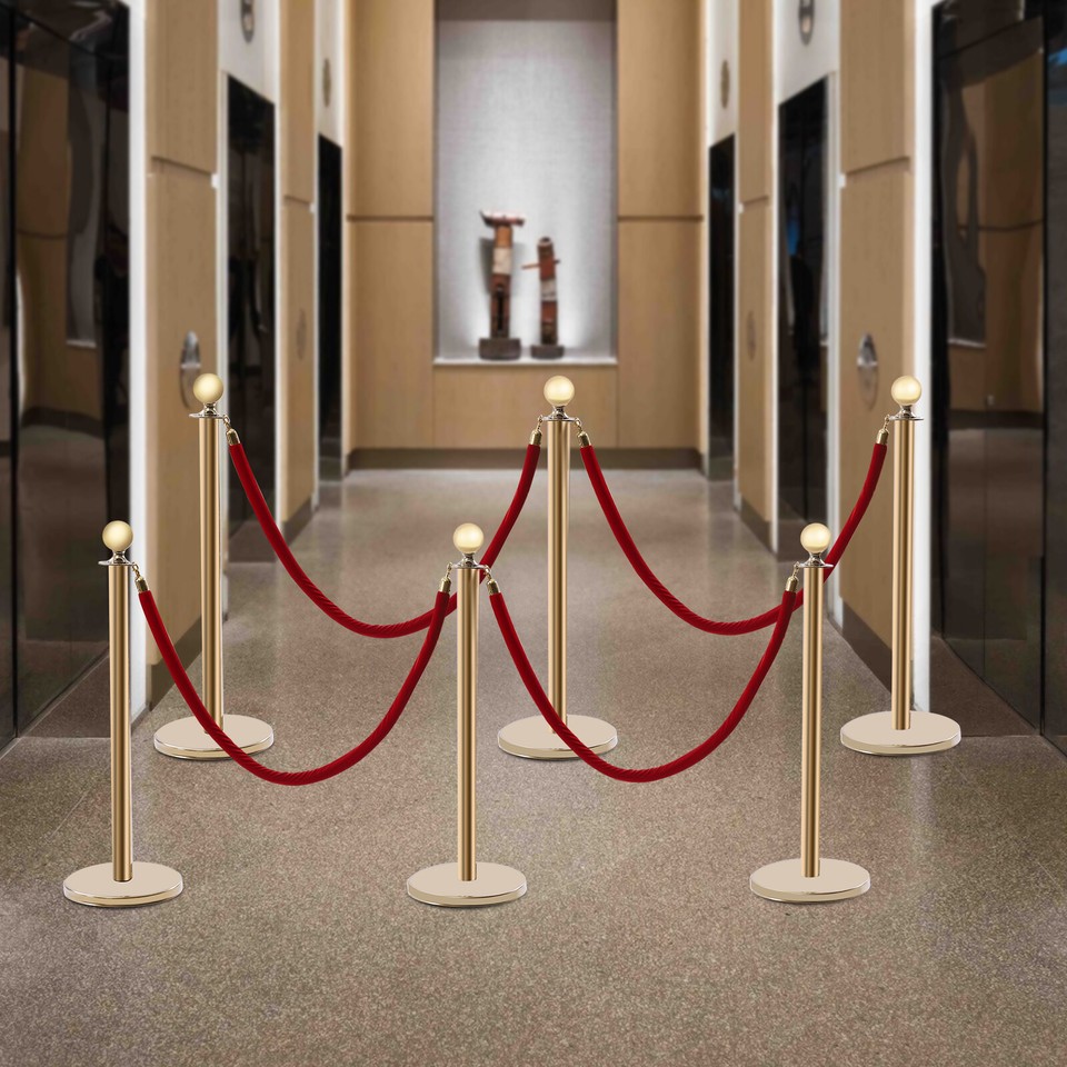 6X Crowd Control Stanchion Set VIP Queue Barrier Gold Pole w/ Red ...