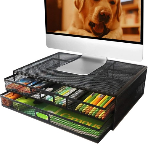 Metal Mesh Monitor Stand Riser with Drawers Desktop Storage Organizer ...