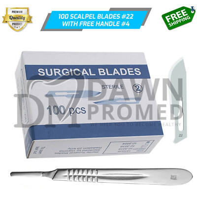 100 Sterile Surgical Blades #22 FREE BP Scalpel Handle #4 Medical ENT ...