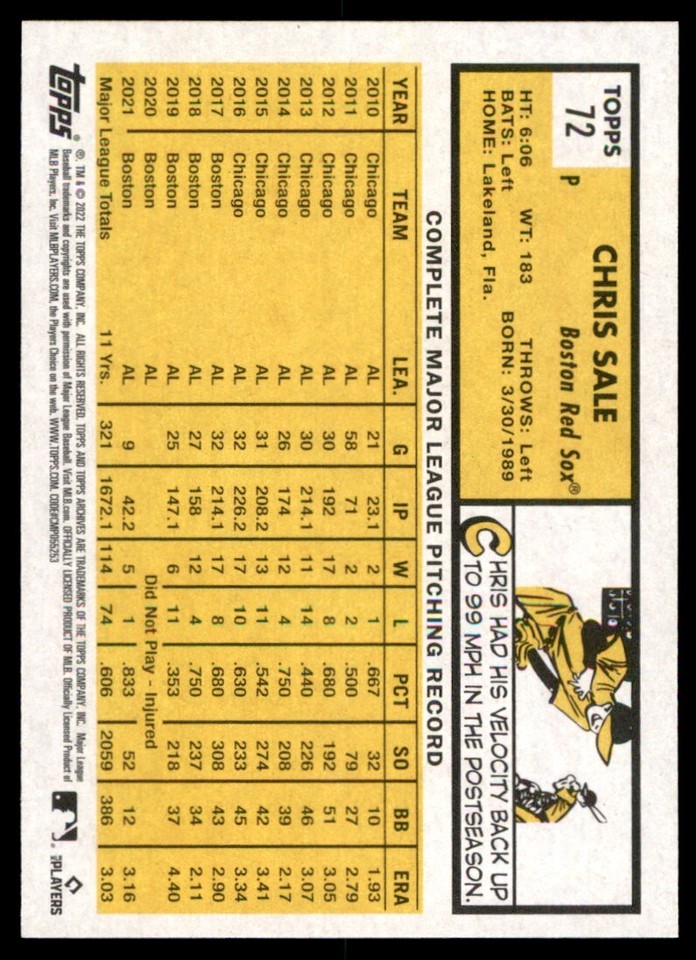 2022 TOPPS ARCHIVES - #72 CHRIS SALE BOSTON RED SOX | eBay