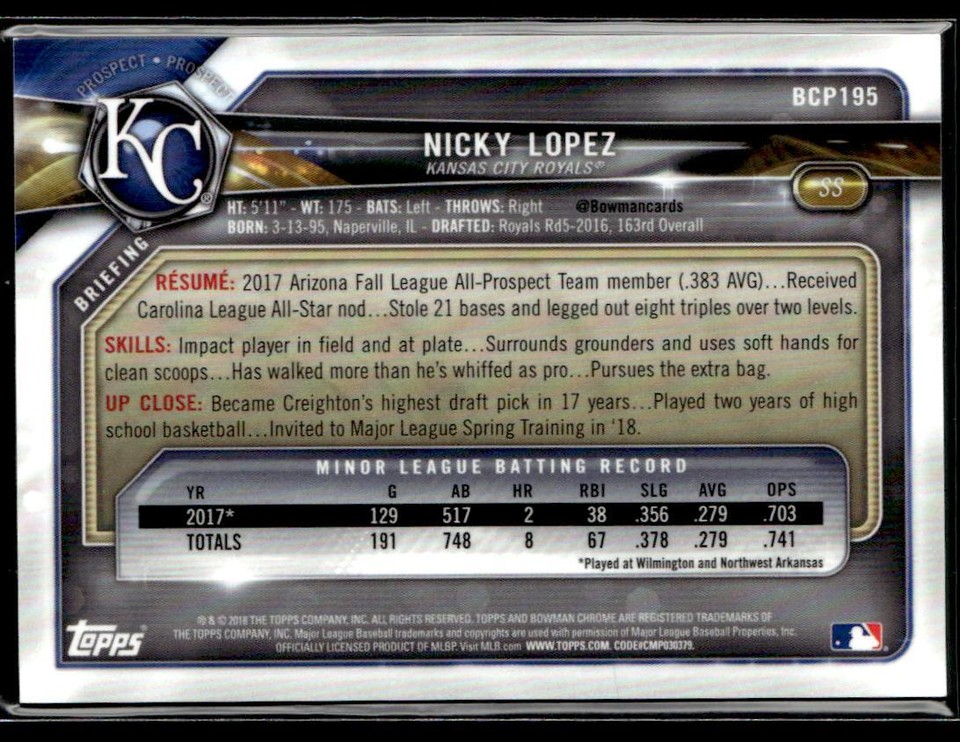 2018 Bowman Chrome BCP195 Nicky Lopez Kansas City Royals /150 Baseball ...