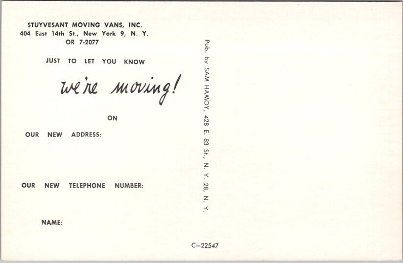 Vintage 1960s New York City Advertising Postcard "STUYVESANT MOVING ...