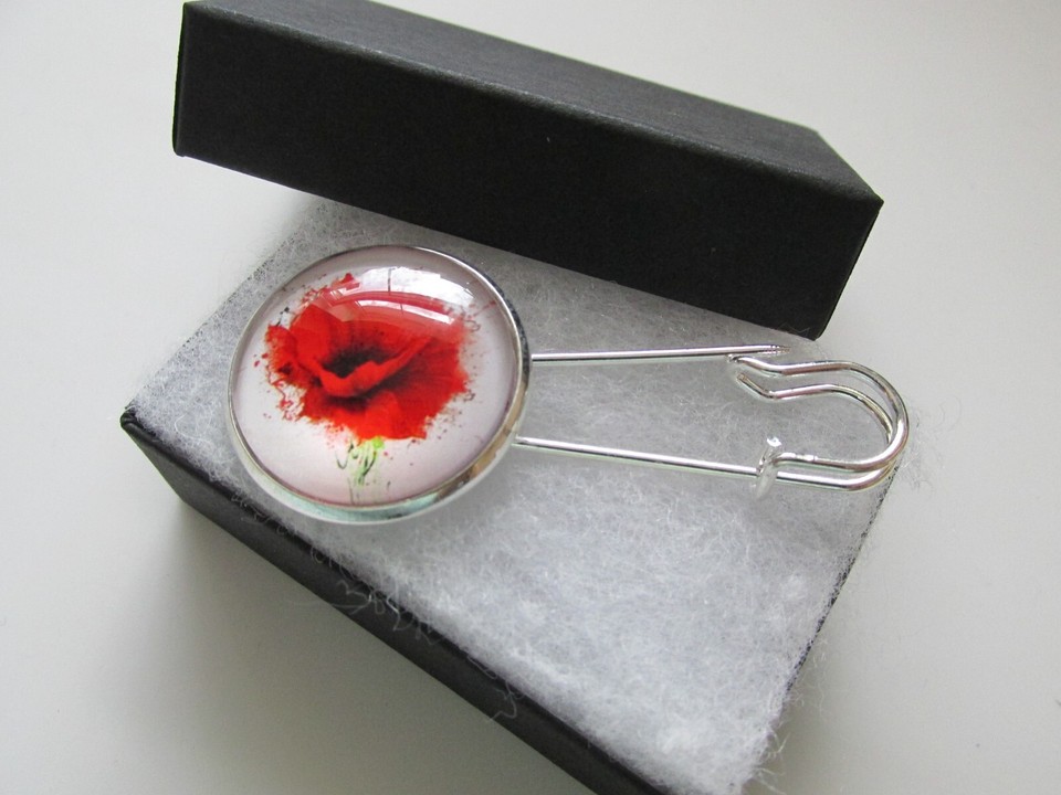 Silver Plated Red Poppies Flower Safety Scarf Shawl Kilt Pin Brooch UK ...