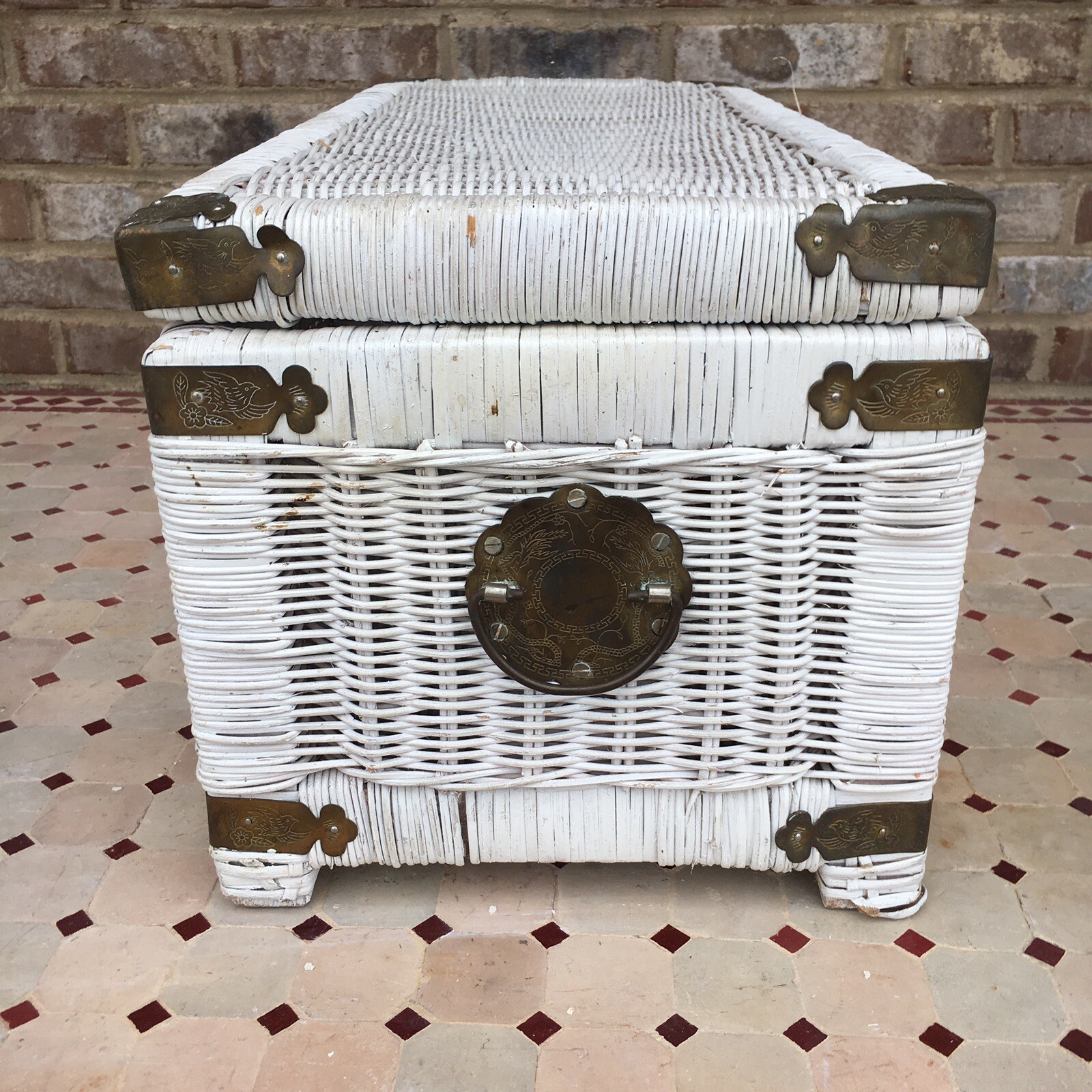 White Rattan Wicker Chest W/ Etched Brass Accents Box Boho Vintage ...