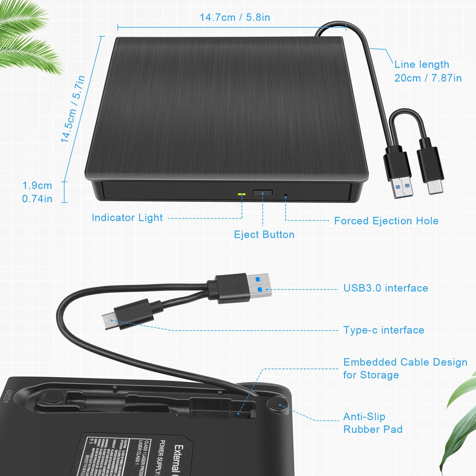 External USB 3.0 DVD RW CD Writer Drive Burner Reader Player For Laptop ...