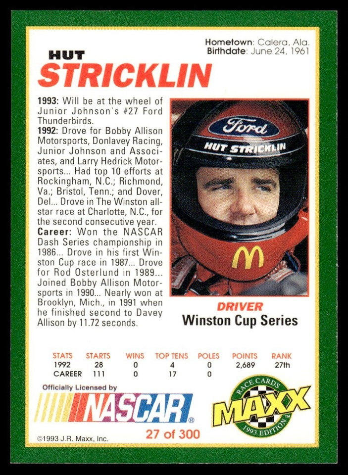 1993 Maxx Hut Stricklin #27 10470 | eBay