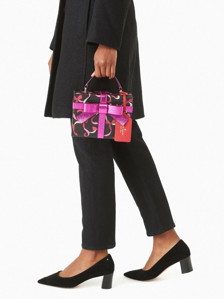 Kate Spade Wrapping Party Gift Box Crossbody Black Pink Leather Ribbon ...