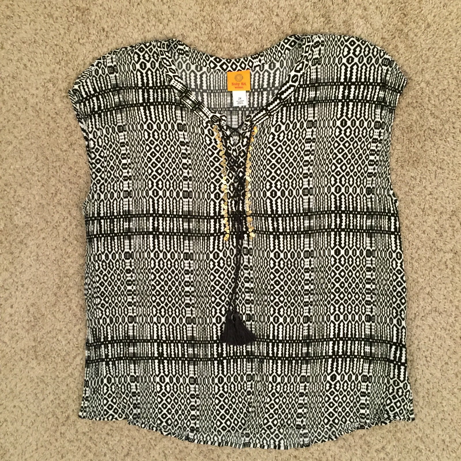 Ruby Rd. Shirt Womens 2X Black White Native Print Sequined Sleeveless ...