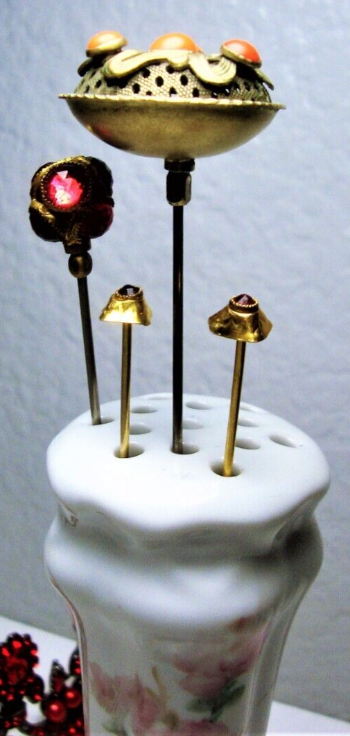 Vintage HAT PINS & HOLDER - Nouveau Hat Pins (4) - Hand Painted Hat Pin ...