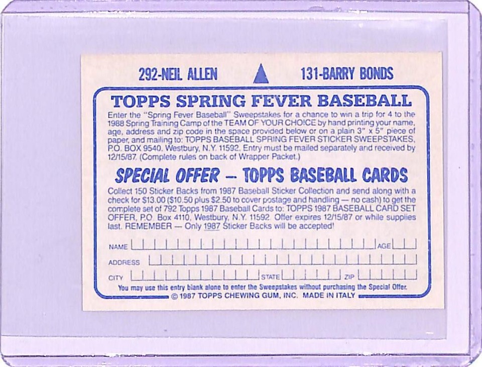 1987 Topps Stickers #131 Barry Bonds Pittsburgh Pirates Baseball Card ...