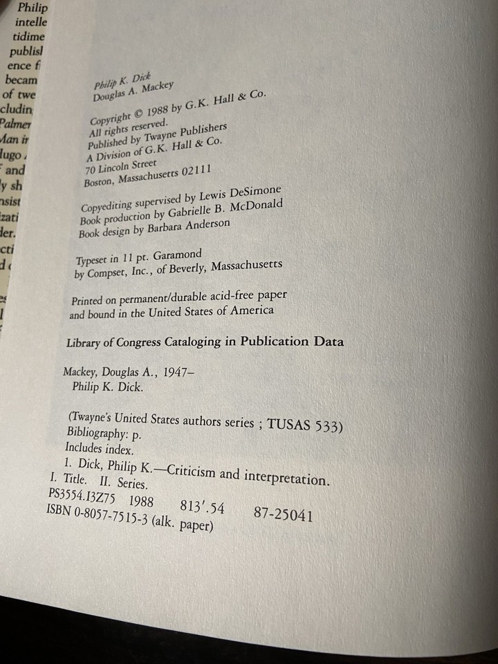 Philip K Dick by Douglas A. Mackey 1st G. K. Hall Publishers | eBay