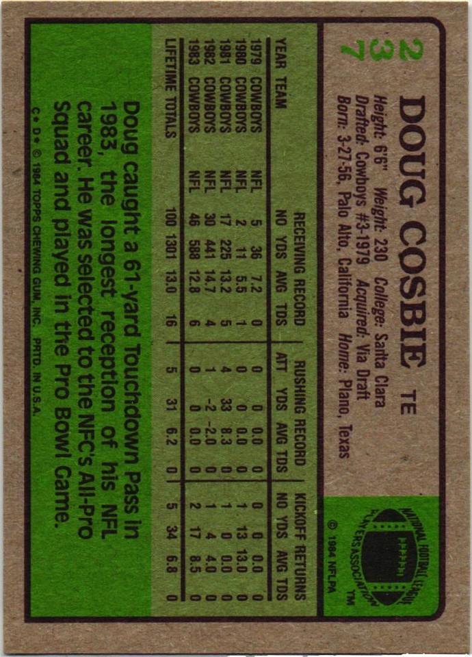 1984 Topps 237 Doug Cosbie Dallas Cowboys PB | eBay