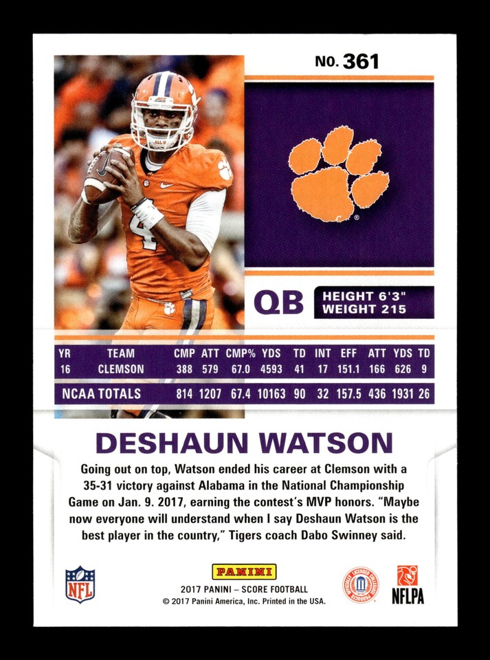 2017 Score #361 Deshaun Watson Rookie Card RC Clemson Texans Cleveland ...