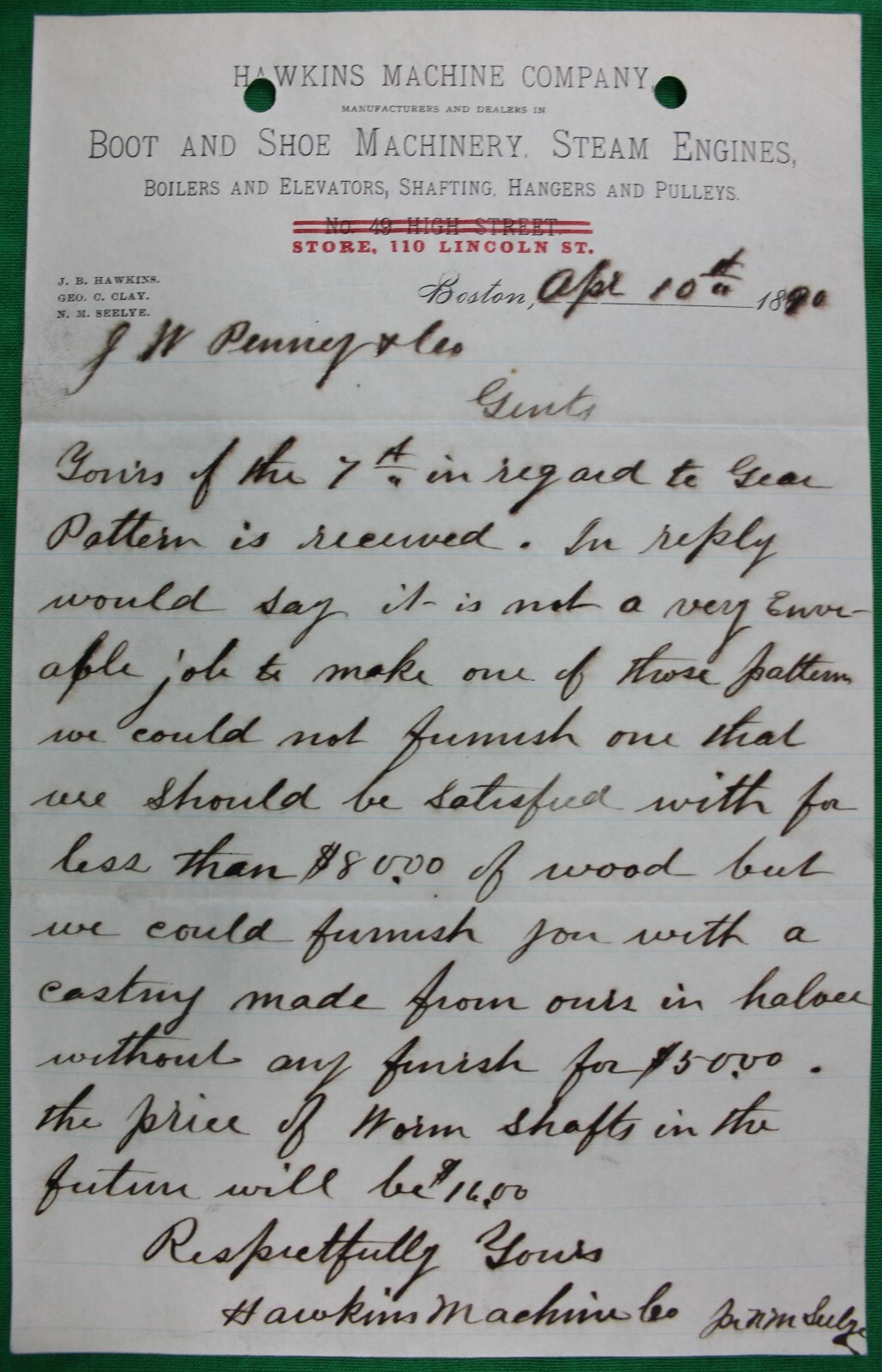 Original 1890 Hawkins Machine Company Letterhead Boston Massachusetts ...