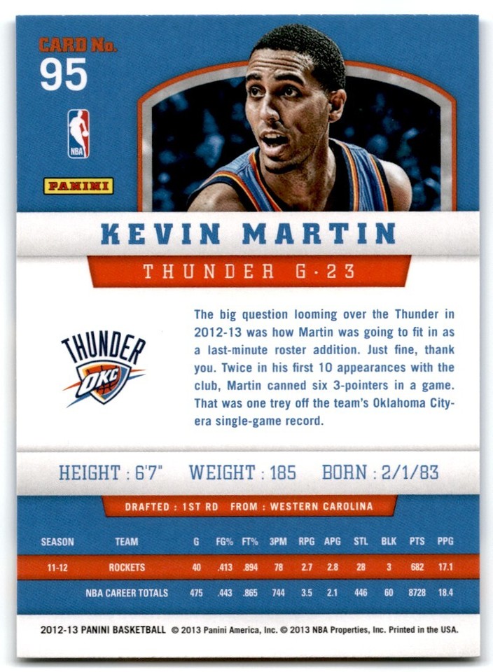 2012-13 Panini Kevin Martin Oklahoma City Thunder #95 | eBay