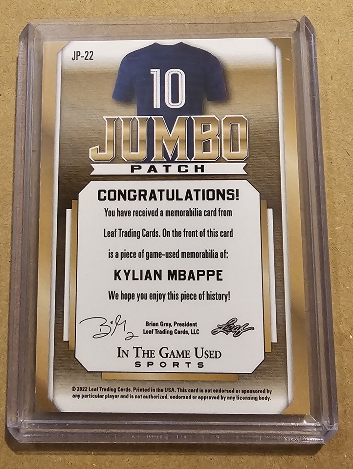 2022 Leaf In The Game Used Kylian Mbappe Jumbo Logo Jersey Relic Card ...