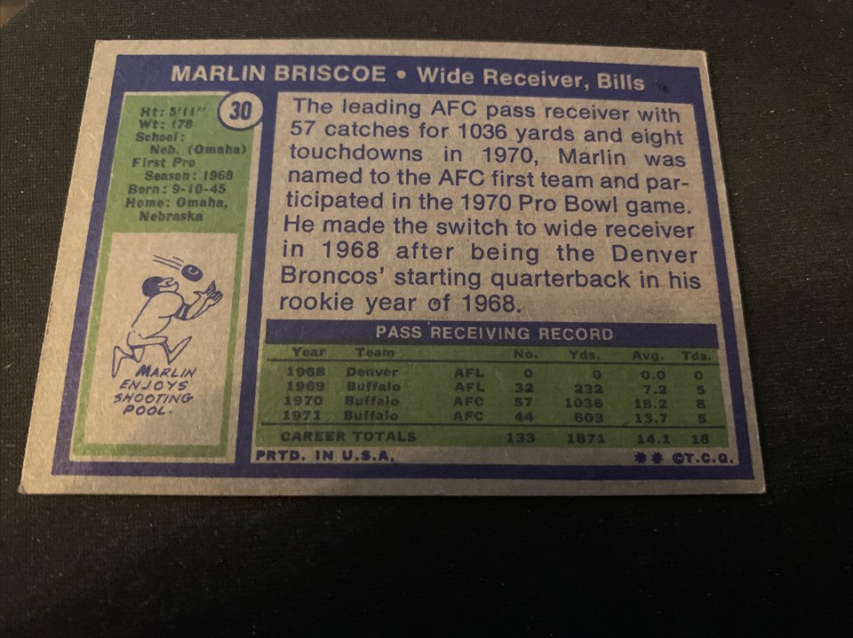 1972 Topps Rookie RC Card #30 Marlin Briscoe Buffalo Bills Nm+ Free ...