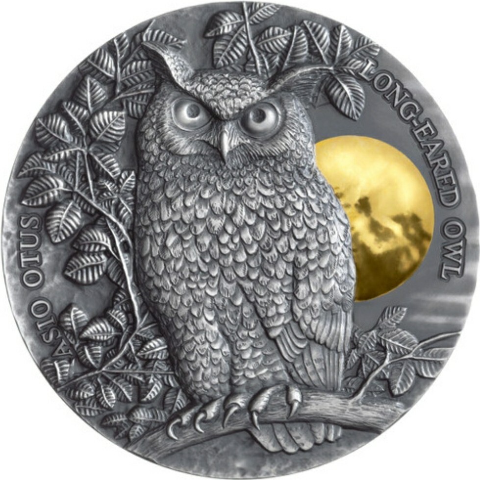 2019 2 Oz Silver $5 Niue LONG EARED OWL Asio Otus Antique Finish Coin ...