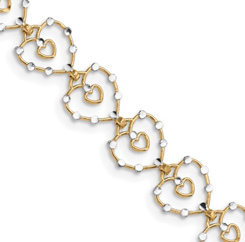 14k Yellow White Valentines Two tone Gold Fancy Dainty Heart Link 7-in ...