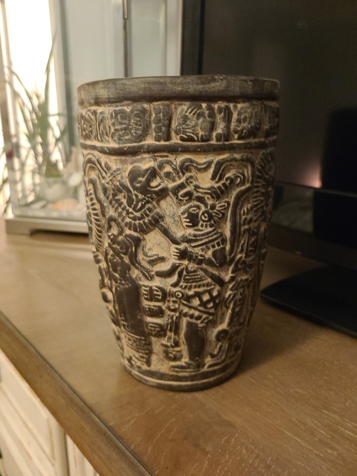 Antique Aztec Mayan 9.5" Cylinder Vase, Clay Pottery Vase | eBay